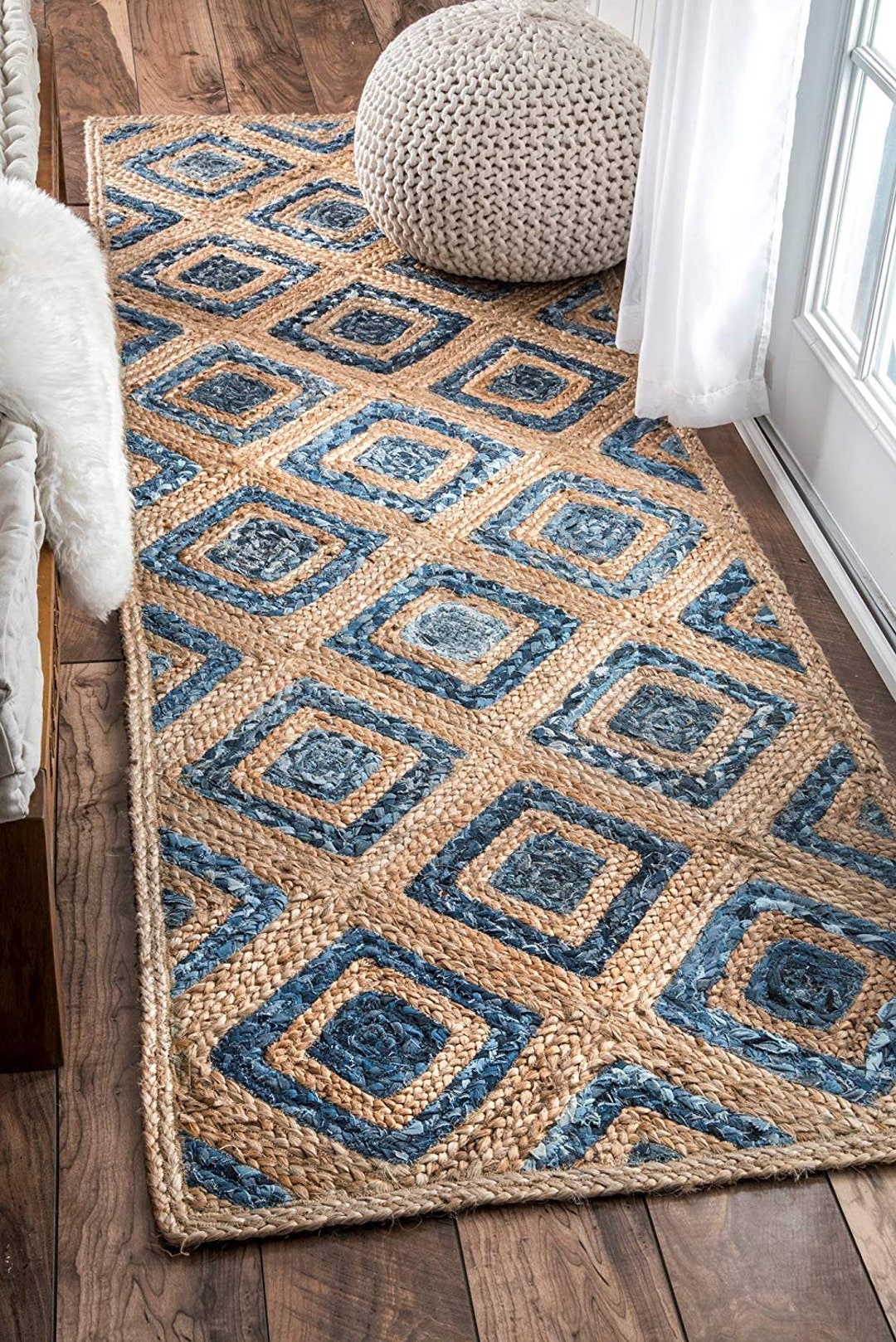 Handmade Natural Denim Jute Rug Runner/ Braided Jute Runner Floor Decor ...