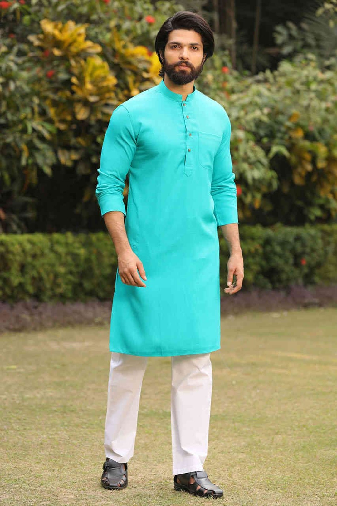 Indian Men Sky Blue Color Kurta for Men Cotton Solid Kurta Men Party ...