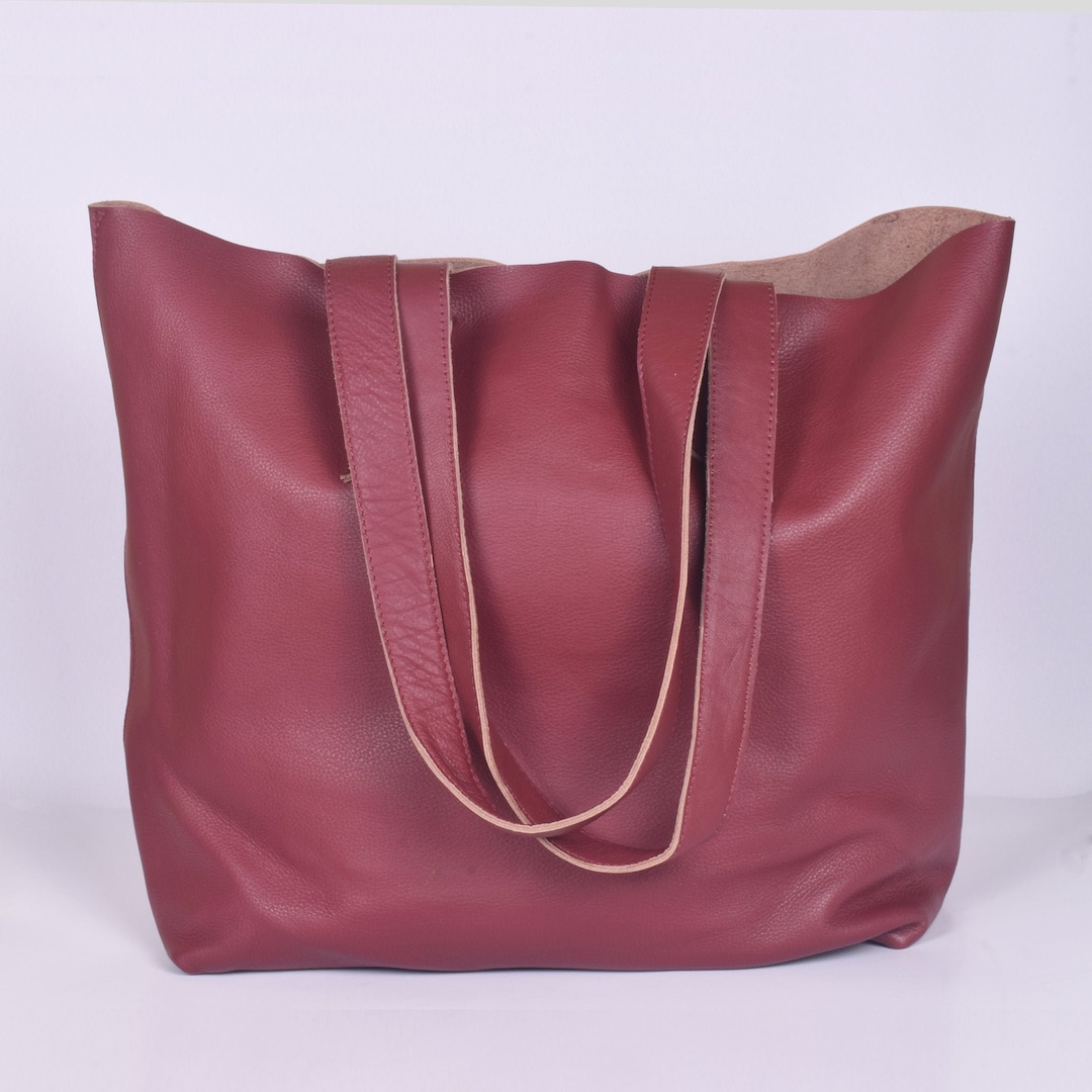 Maroon Leather Tote Bag Raw Edge Shopper Simple Purse Unlined - Etsy