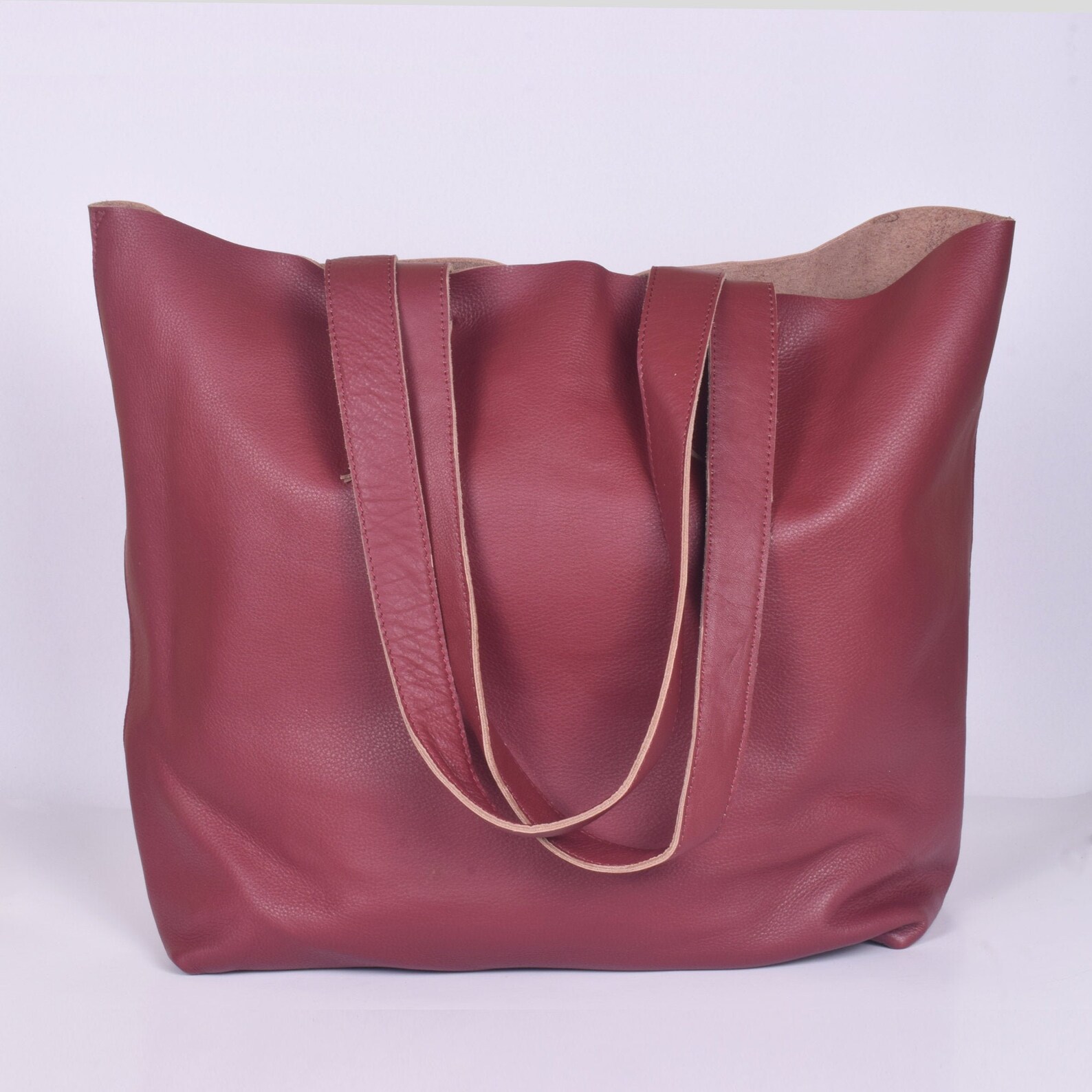 Maroon Leather Tote Bag Raw Edge Shopper Simple Purse Unlined - Etsy