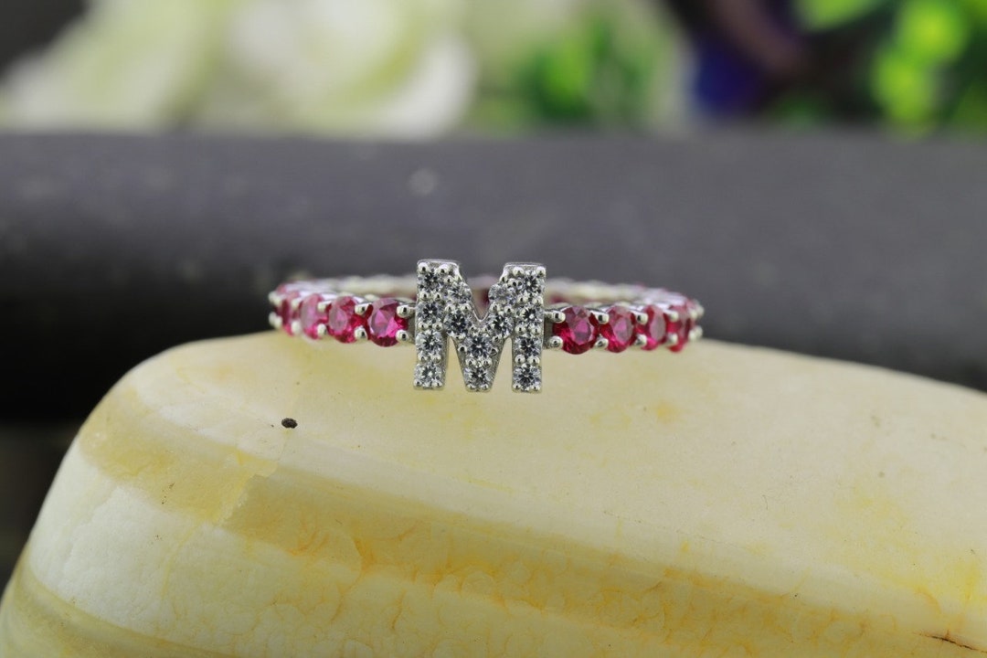M Letter Ring Red Stone Initial Ring Letter Tiny Ring - Etsy