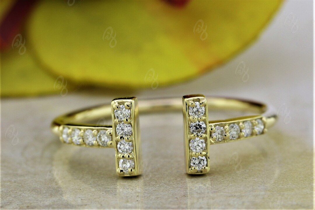 14k Solid Gold T Open Ring Double T Bar Ring Women Minimalist Open ...