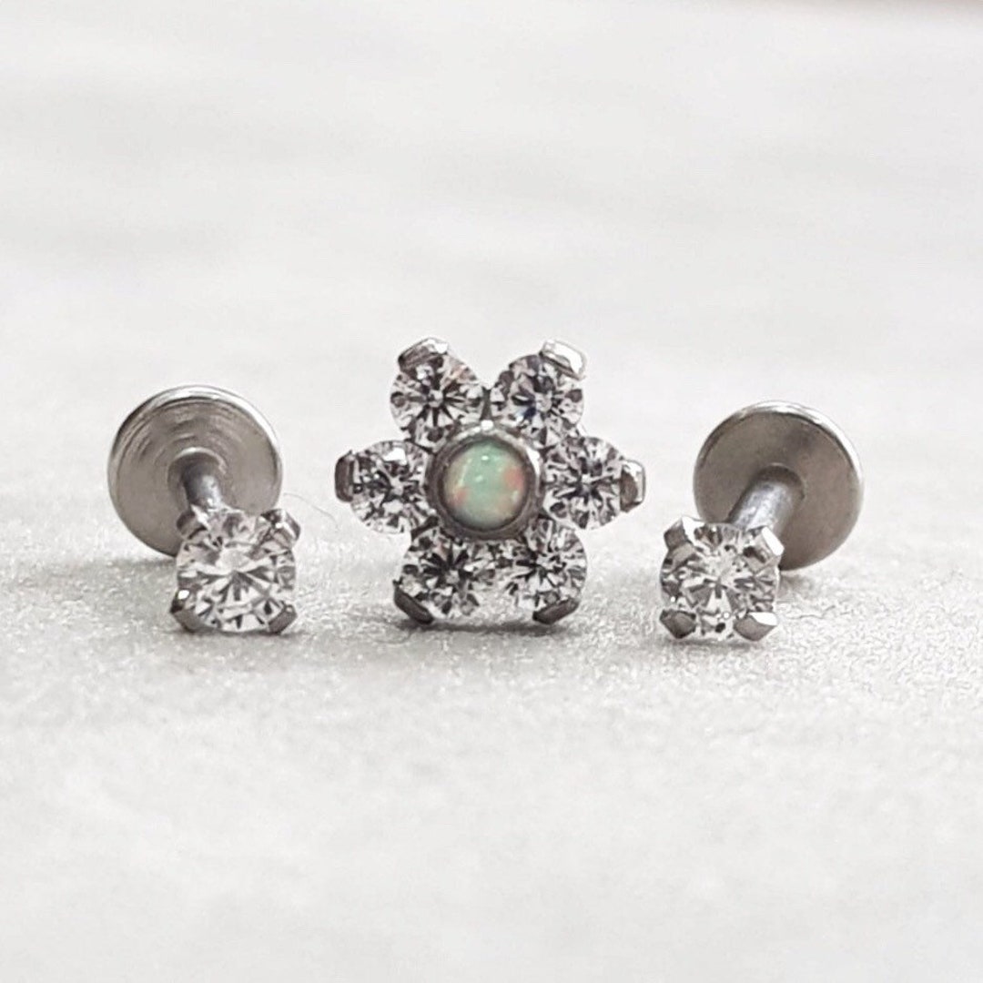 LUX Set Crystal & Opal Flower Labrets in 16g Cartilage/tragus Bar ...