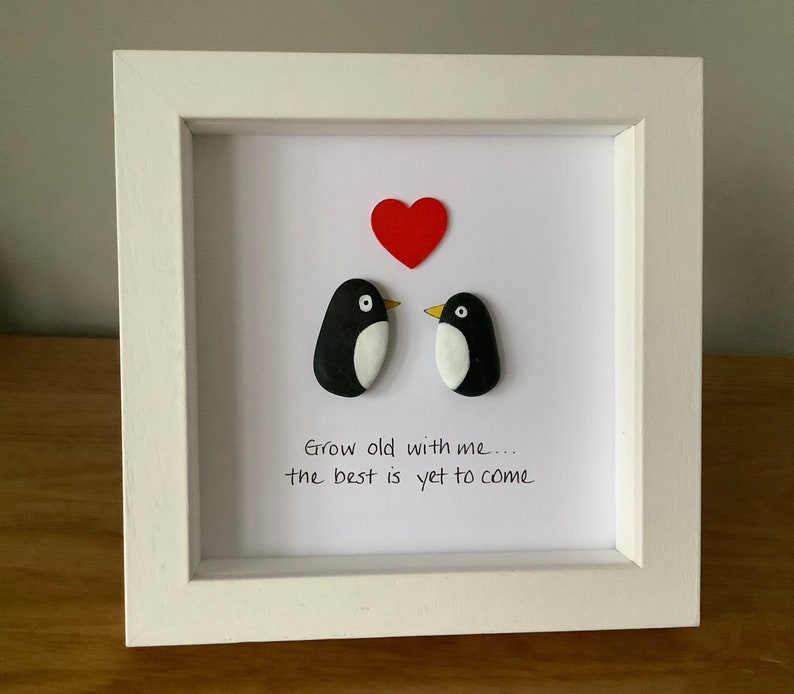 Penguin Pebble Art Frame, Handmade Wedding Gift, Anniversary Gift, Love ...