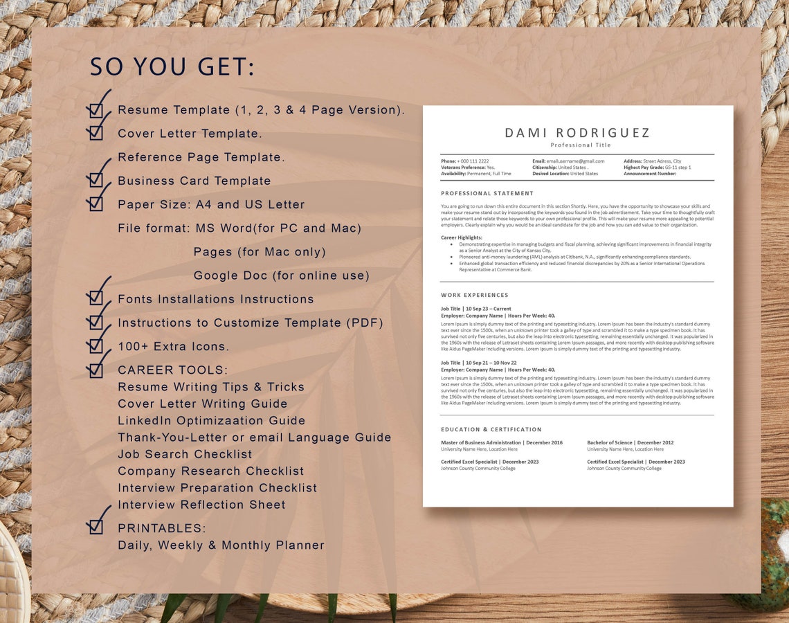 Federal Resume Template Professional, ATS Resume Template Word, Pages ...