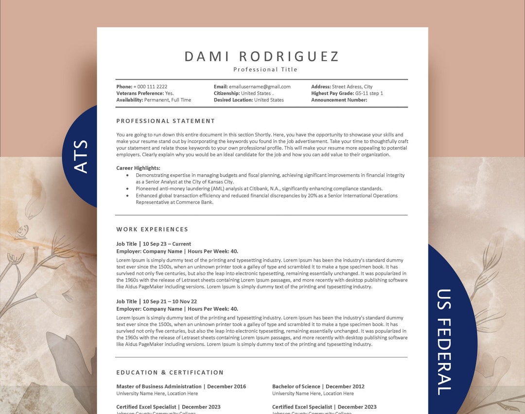 Federal Resume Template Professional, ATS Resume Template Word, Pages ...