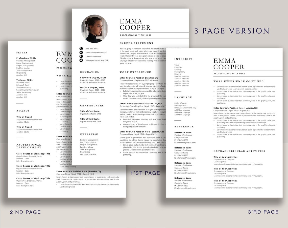 Resume Template Simple Clean Elegant Curriculum Vita With - Etsy