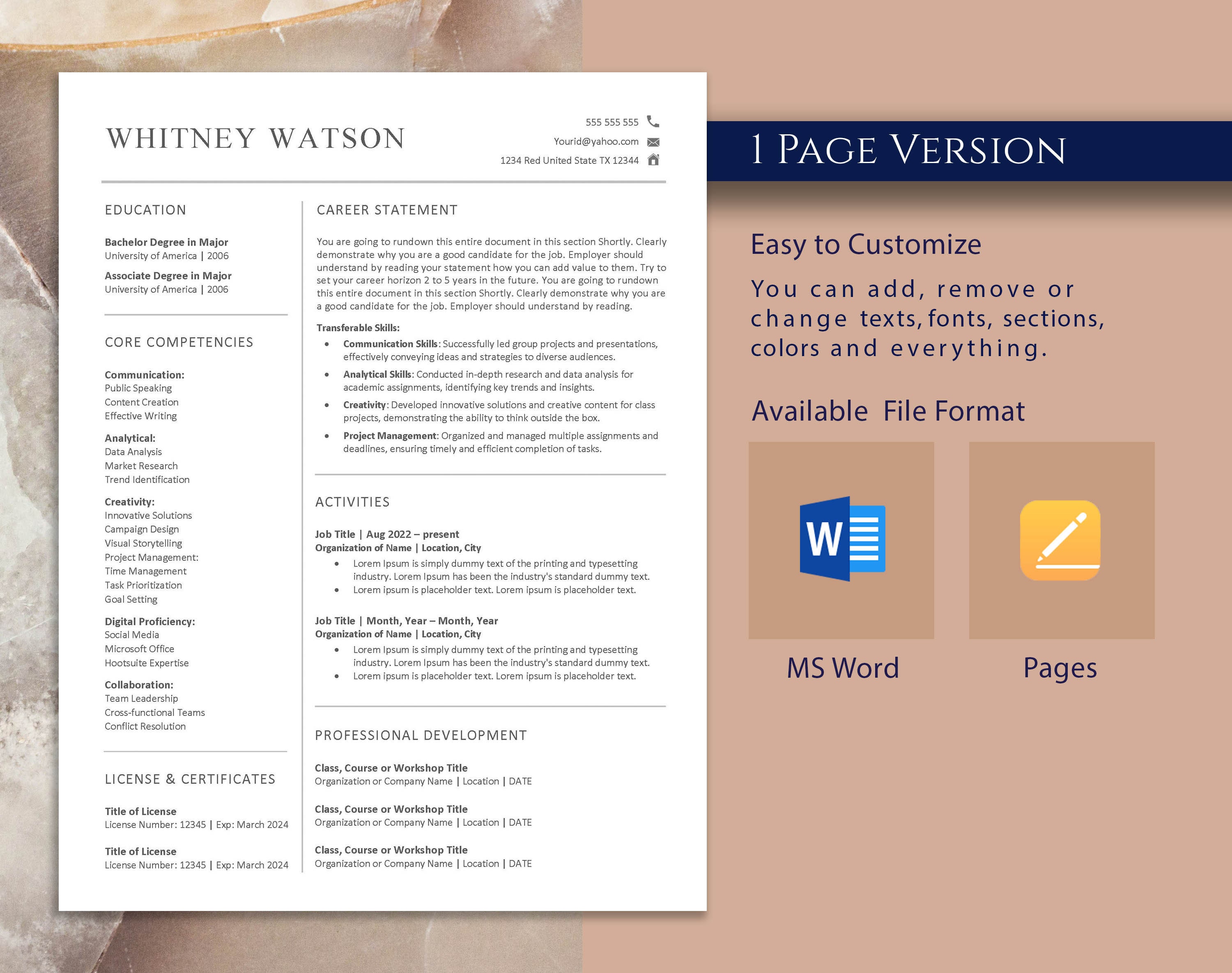Student Resume, One Page Resume Template, Professional Resume CV, No ...