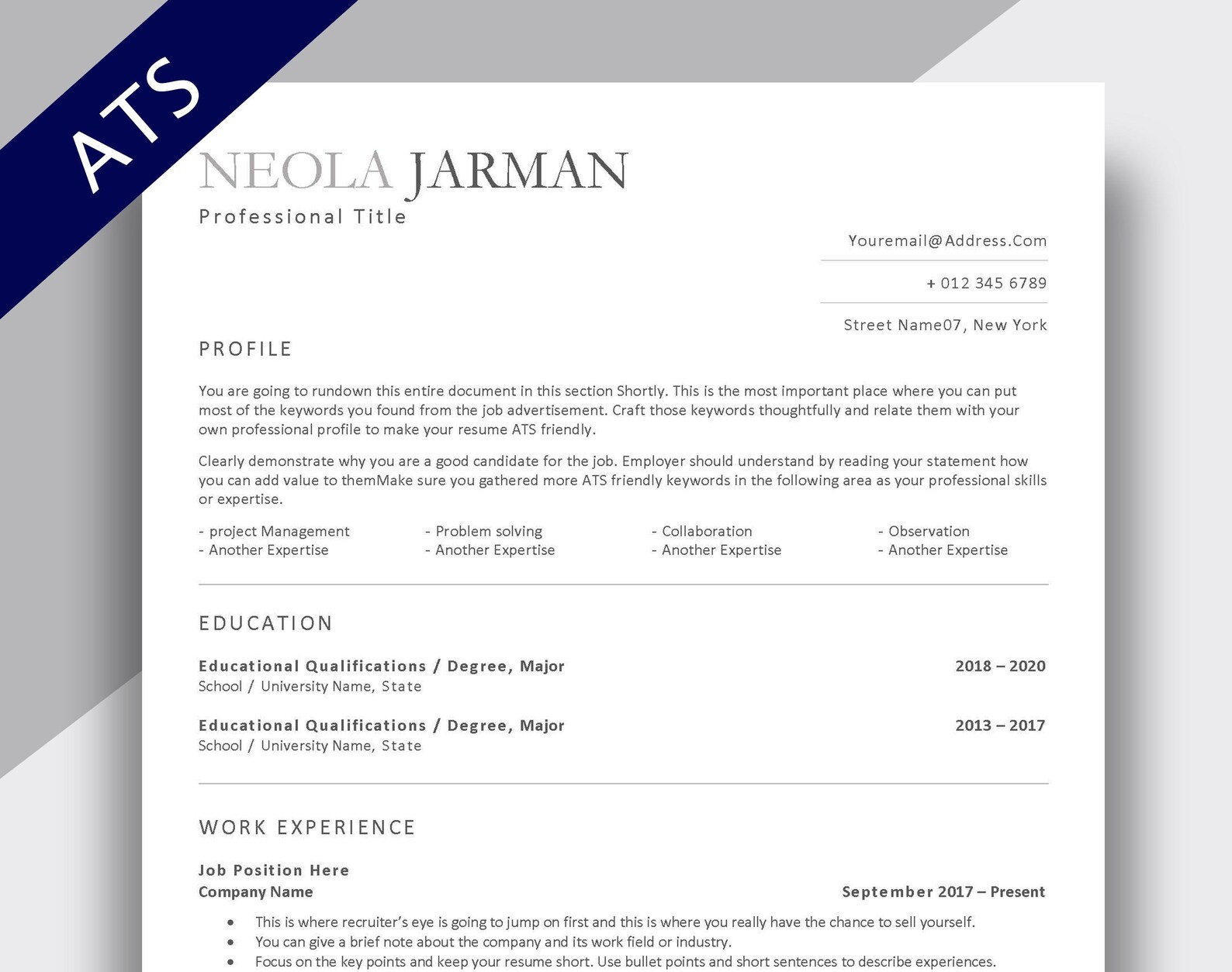 ATS Curriculum vitae template Resume template Professional | Etsy