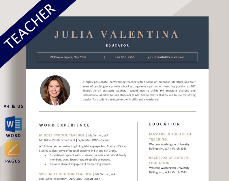 Teacher Resume Template Elementary Education Resume Word - Etsy