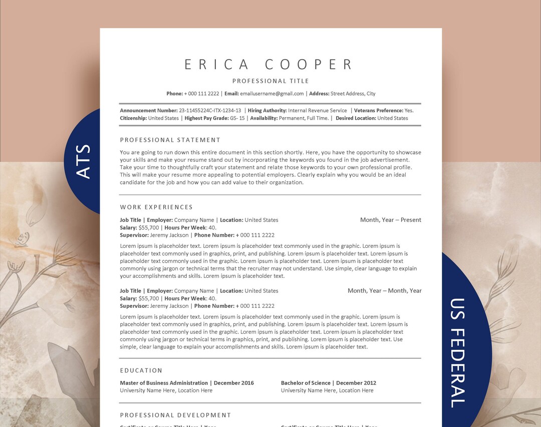 Federal Resume Template, ATS Resume Template for US Jobs, Government ...