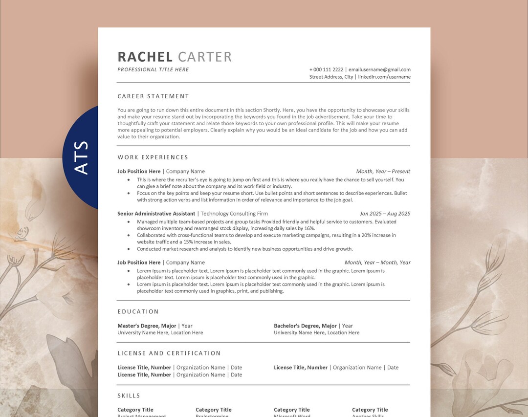 ATS Friendly Resume Template, Professional Resume Template Word, Pages ...