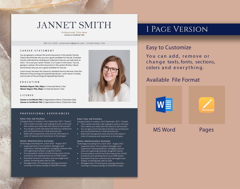 One Page Professional Resume Template, Service Portfolio, Project ...