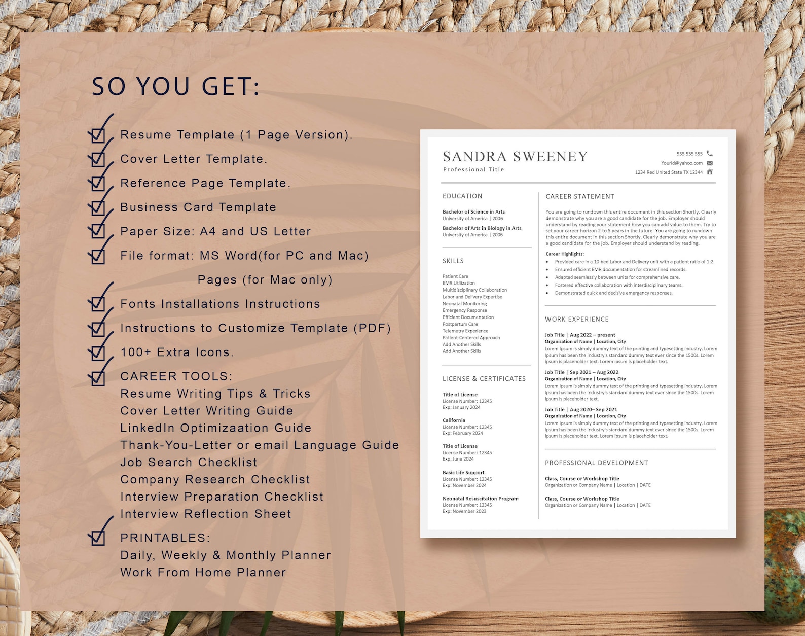 One Page Resume Template, Simple Clean Professional Resume Word Pages ...