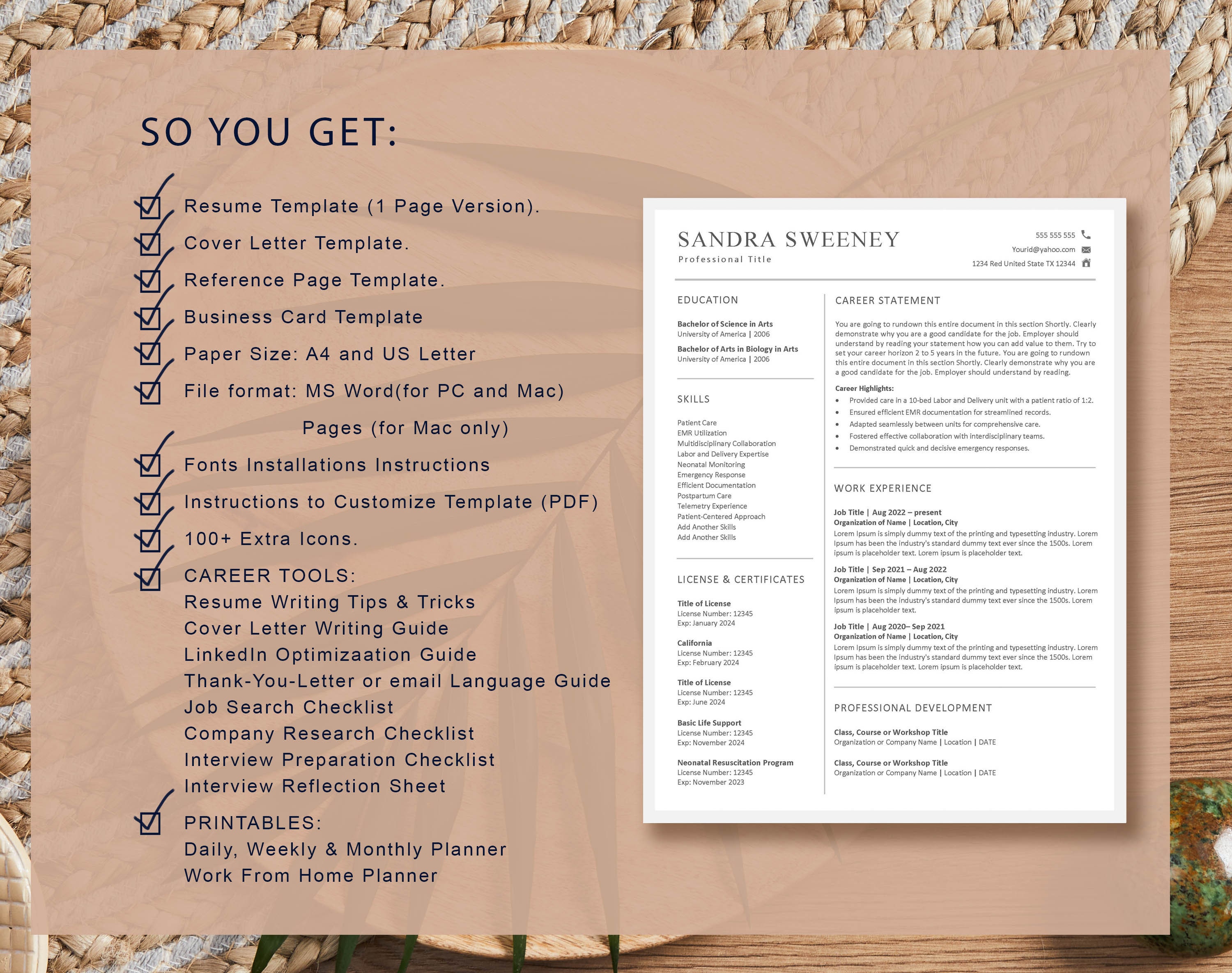 One Page Resume Template, Simple Clean Professional Resume Word Pages ...