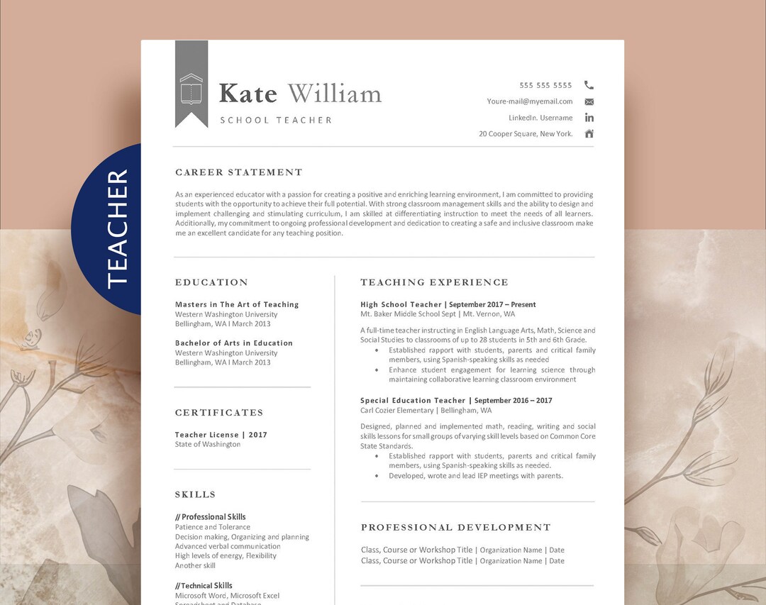 Teacher Resume Template, Primary CV Template, Middle School, High ...