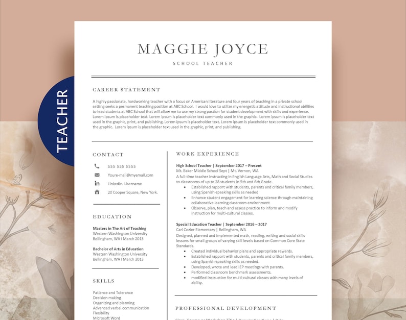 Teacher Resume Template, Primary Teacher CV, Education Resume ...