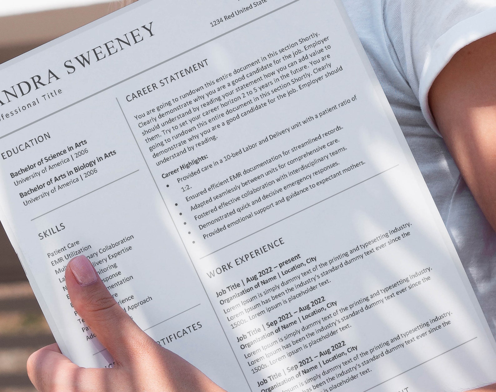 One Page Resume Template, Simple Clean Professional Resume Word Pages ...