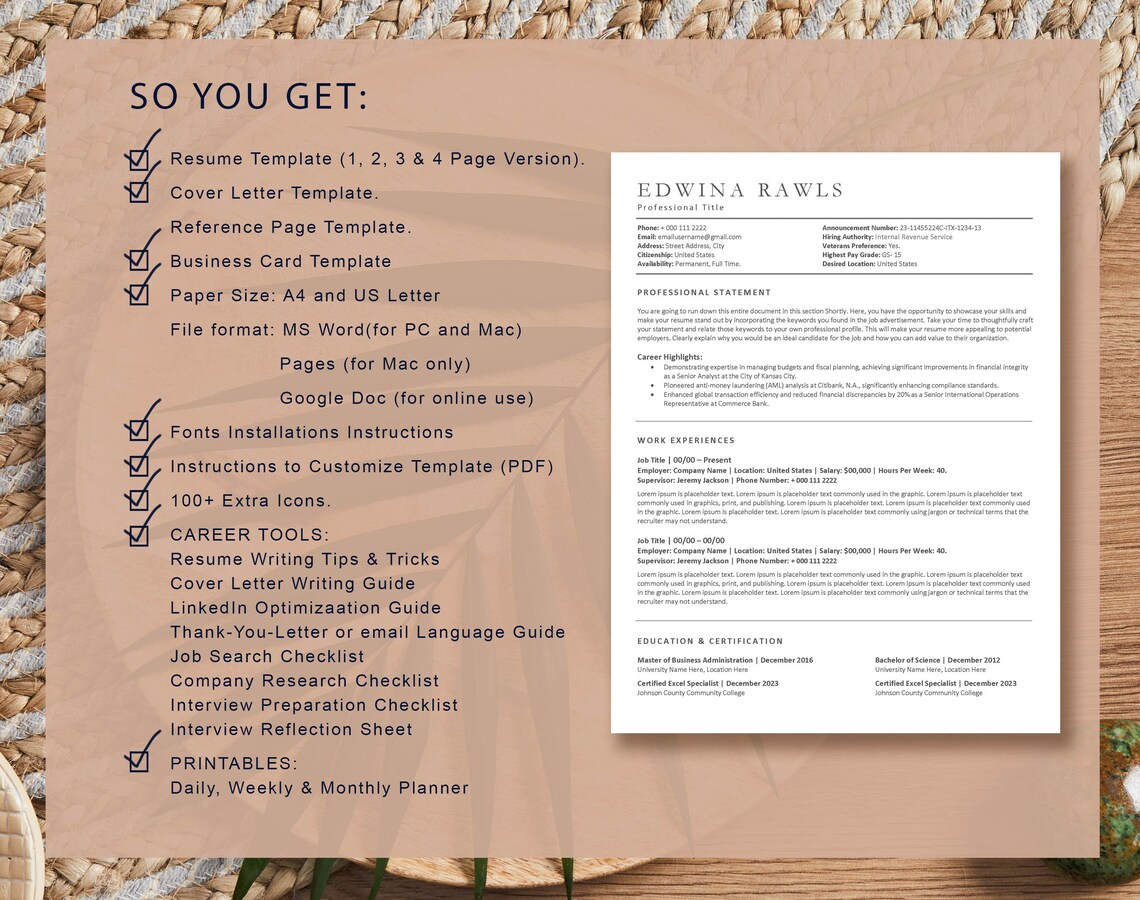 Federal Resume CV Template ATS, Usa Jobs Professional Resume, Resume ...