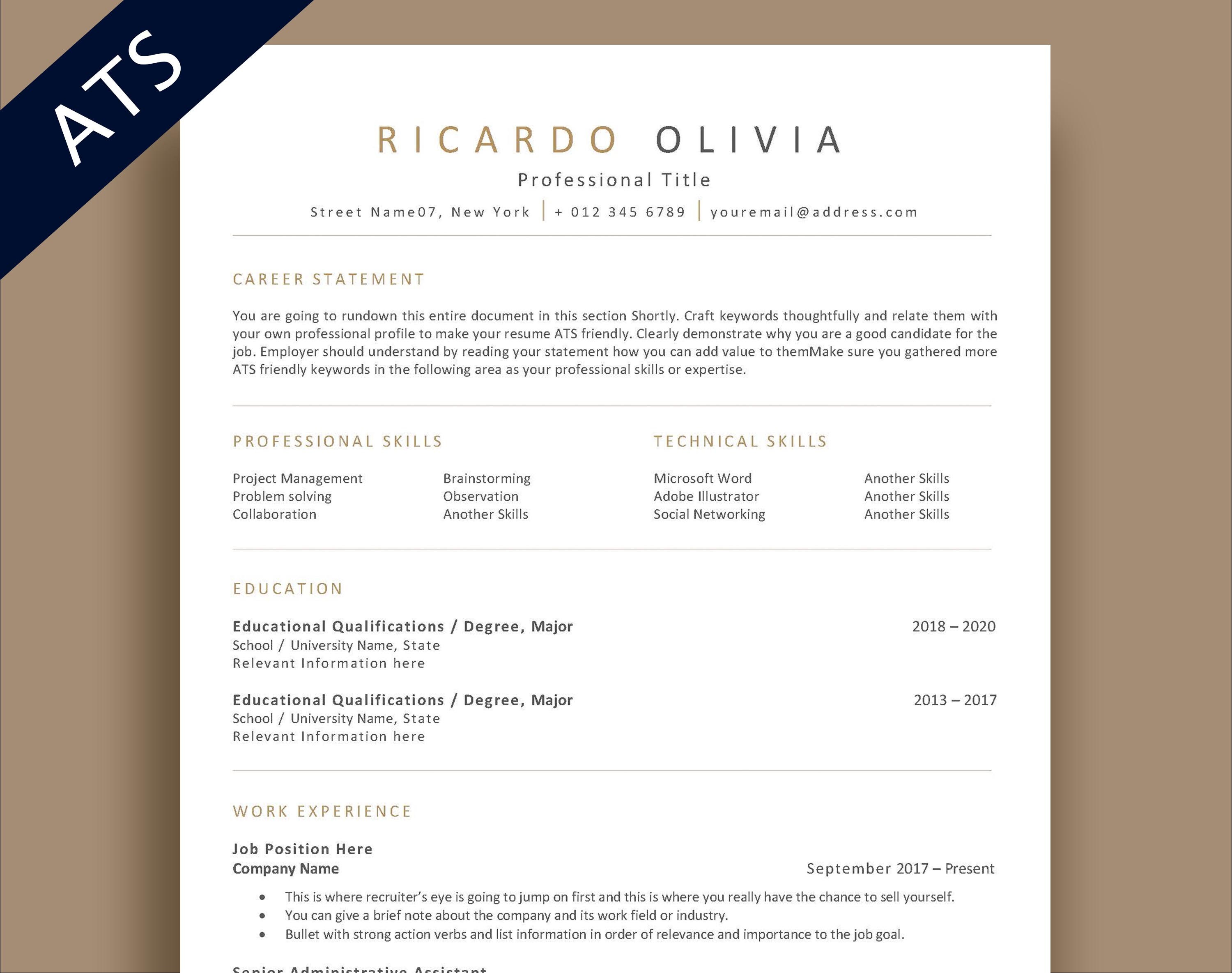 ATS Resume Template, Modern CV Template, Curriculum Vitae Template Word ...