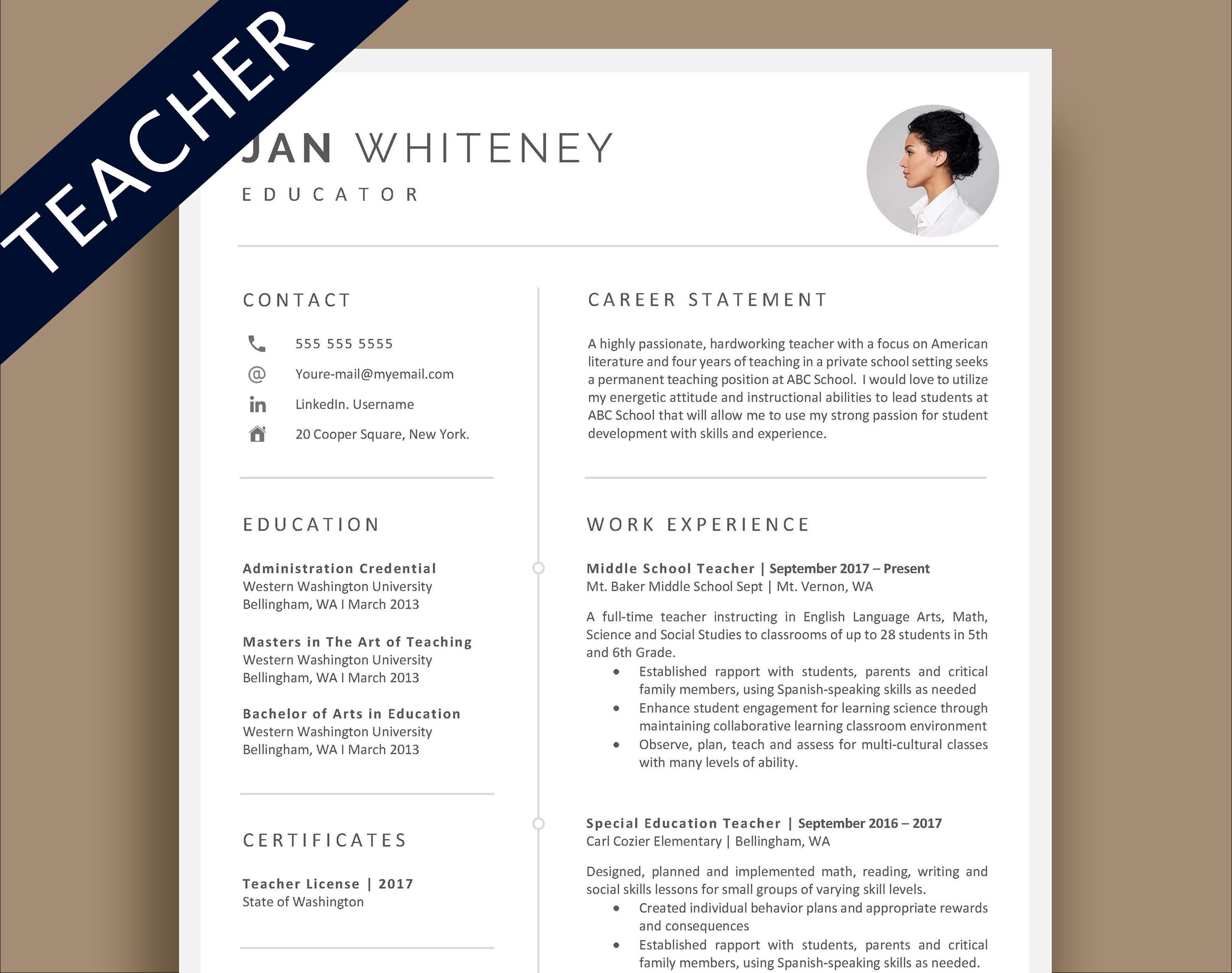 Teacher Resume Template With Picture, Grad School Resume, High School ...
