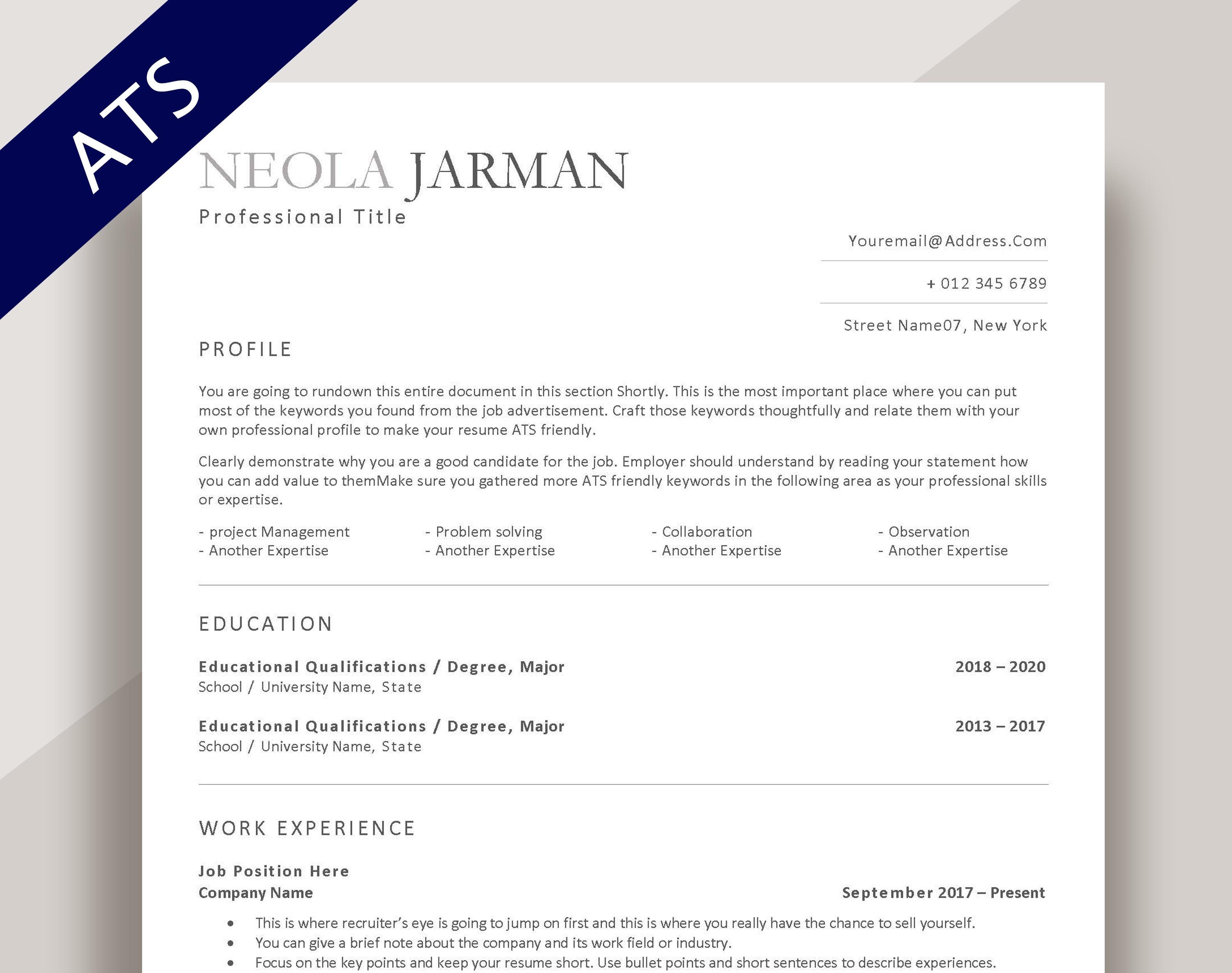 Plantilla de ATS Curriculum vitae plantilla de CV plantillas | Etsy