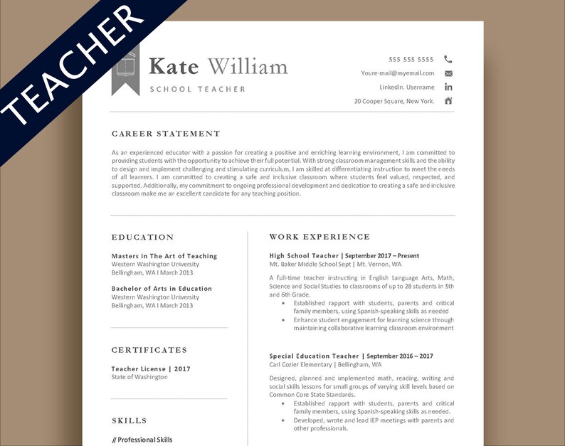 Teacher Resume Template, Primary CV Template, Middle School, High ...