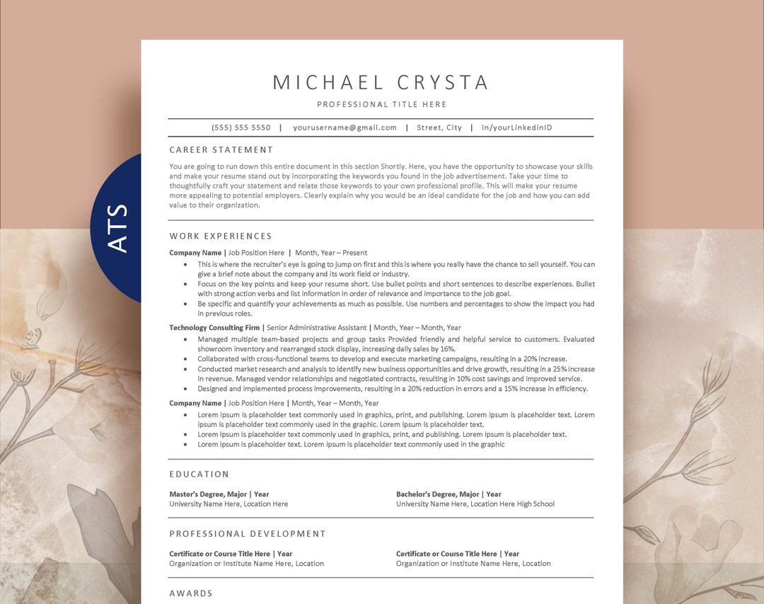 Resume Template ATS Friendly, Professional Resume Word, Google Docs ...