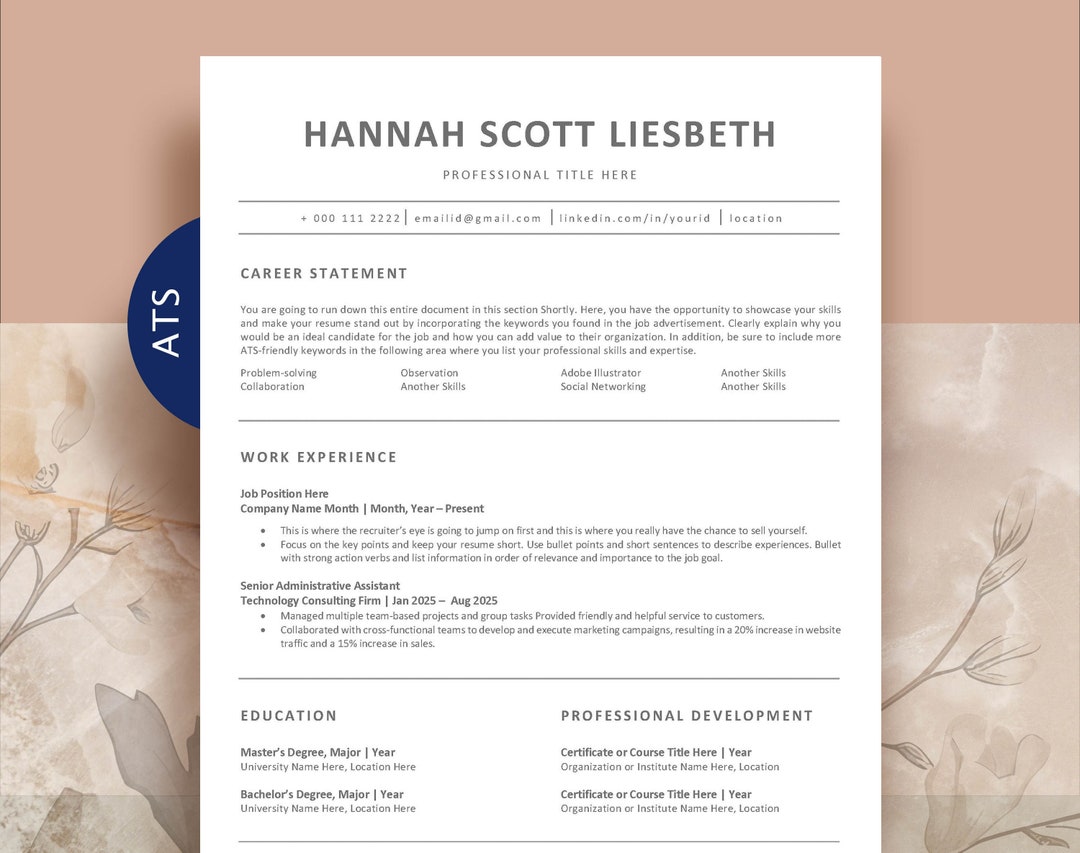 ATS Friendly Resume, Word, Pages, Google Docs, CV Templates, Teacher ...