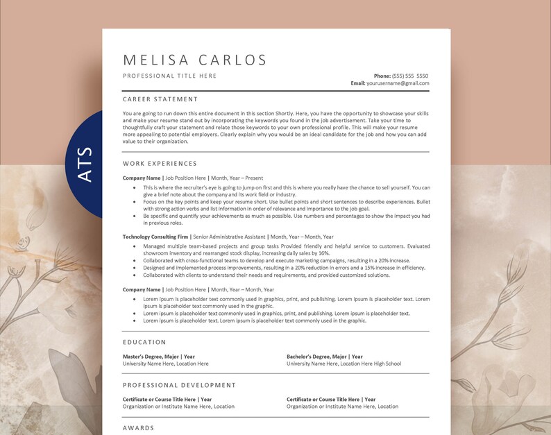 ATS Resume Template Word, Pages, Google Docs Resume CV Template ...