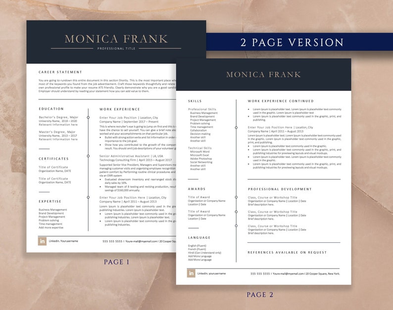 Professional Resume Template Word Pages, CV Template, Easy Resume ...