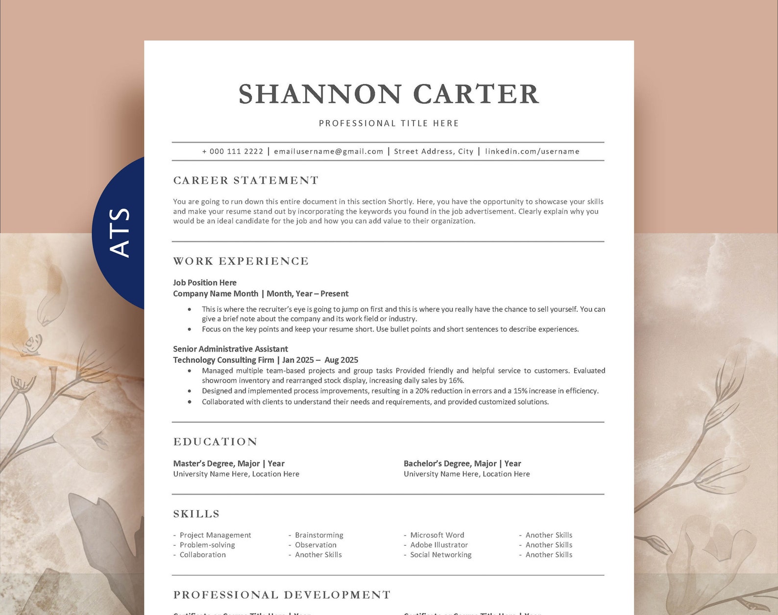 Professional ATS Resume Template, CV Template, ATS Friendly Curriculum ...