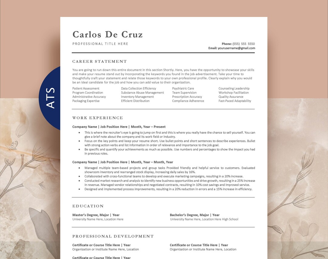 ATS Resume Template, Professional Resume Word, Pages, Google Docs, CV ...