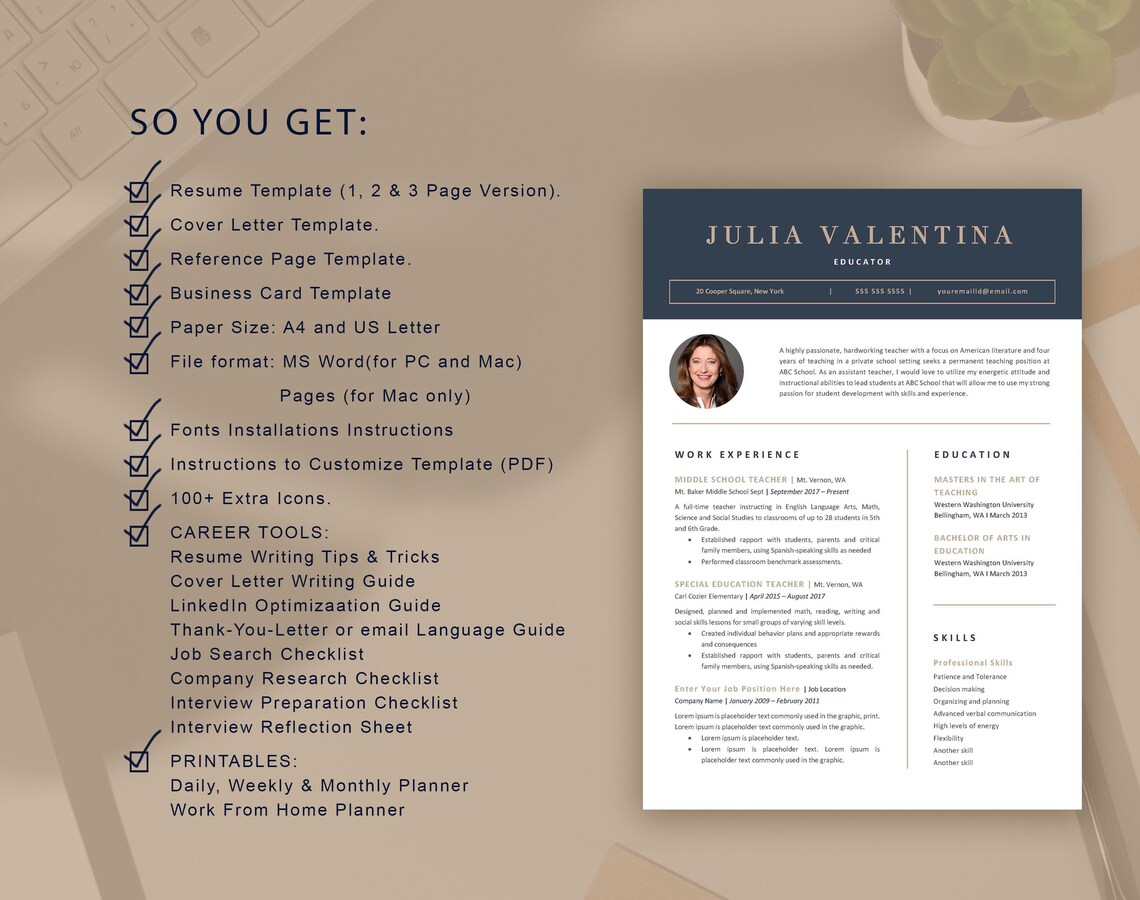 Teacher Resume Template, Elementary, Education Resume Word, Pages, CV ...