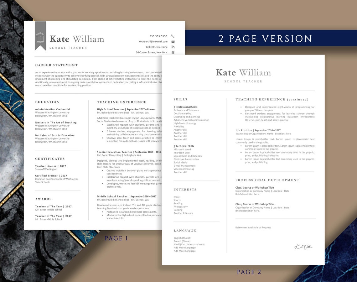 Teacher Resume Template, Primary CV Template, Middle School, High ...