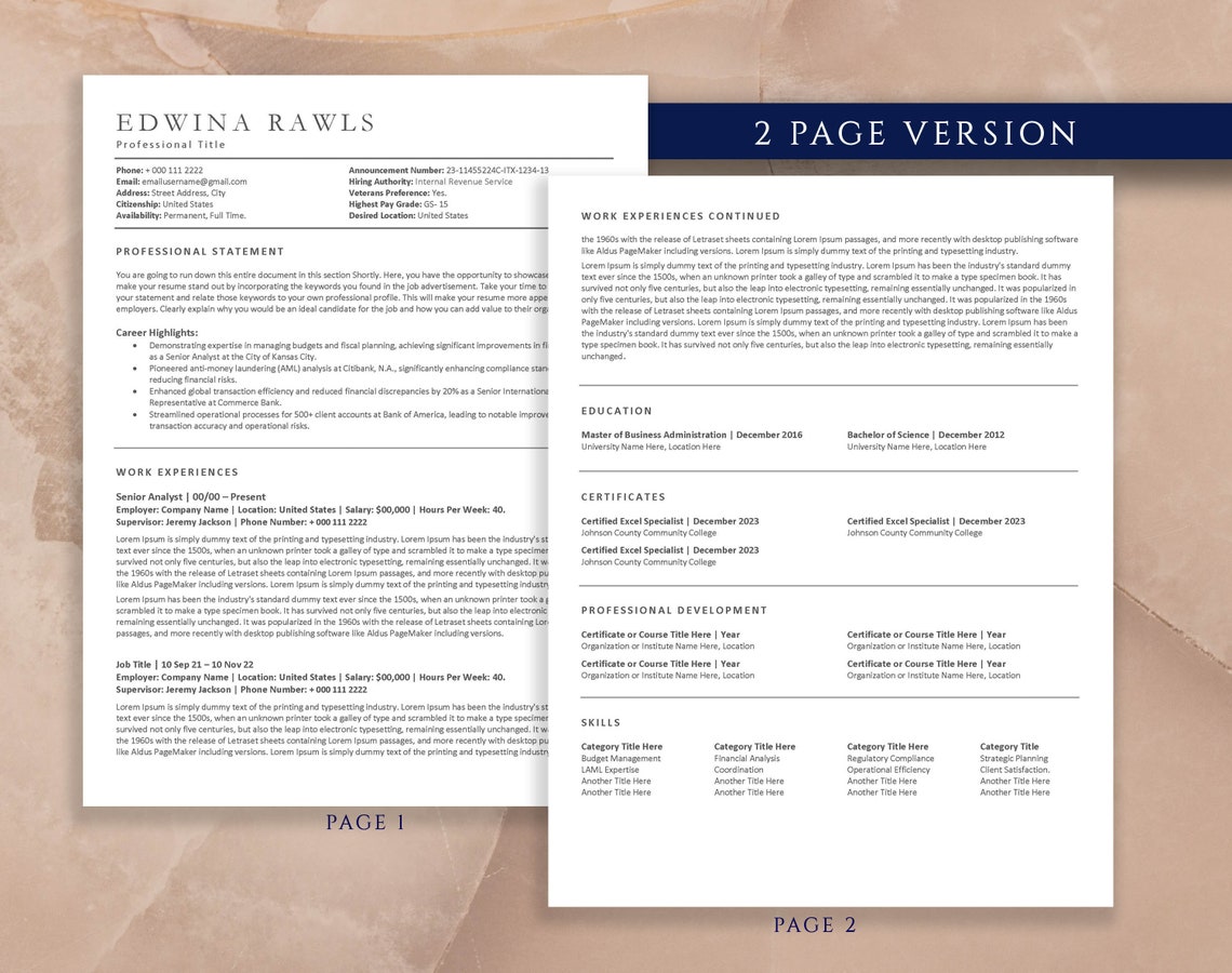 Federal Resume CV Template ATS, Usa Jobs Professional Resume, Resume ...