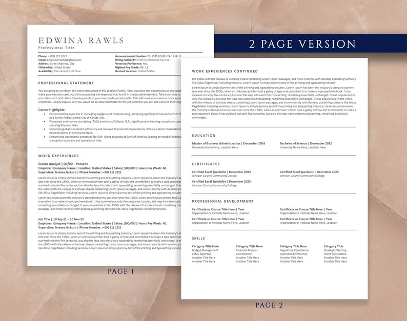 Federal Resume CV Template ATS, Usa Jobs Professional Resume, Resume ...