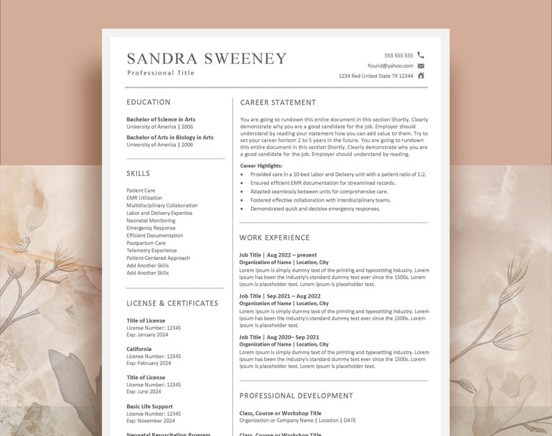 One Page Resume Template, Simple Clean Professional Resume Word Pages ...