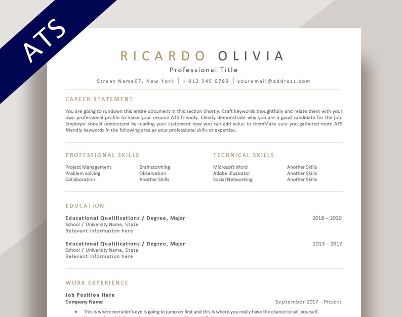 ATS Resume Template Modern CV Template Curriculum Vitae | Etsy