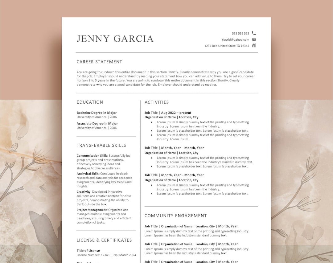 One Page Resume Template, Student Cv Template, Professional Resume, No ...