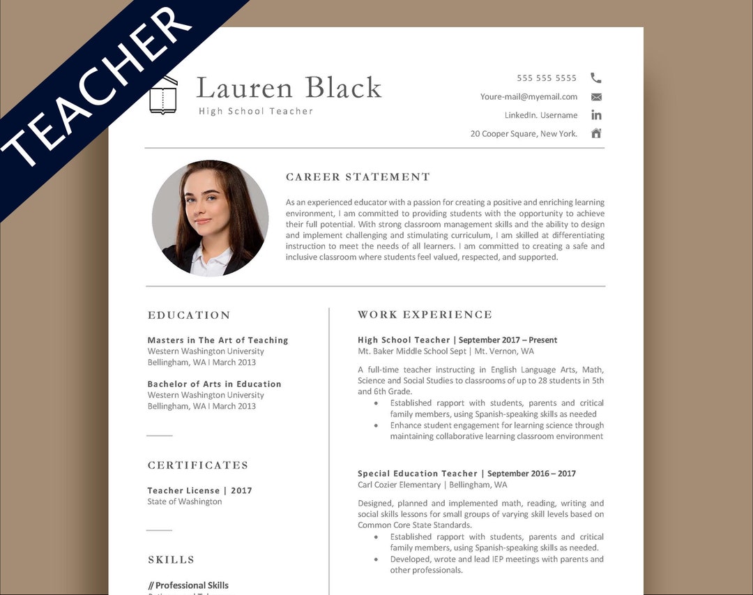Teacher Resume Template Word, Pages CV Template Teacher, Education ...