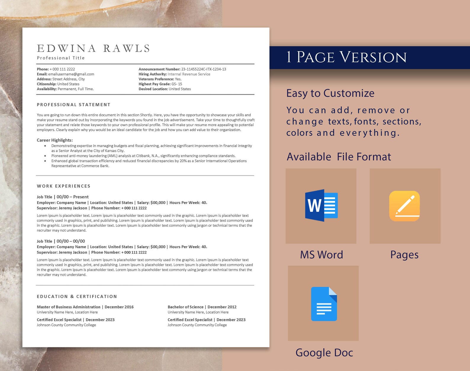 Federal Resume CV Template ATS, Usa Jobs Professional Resume, Resume ...