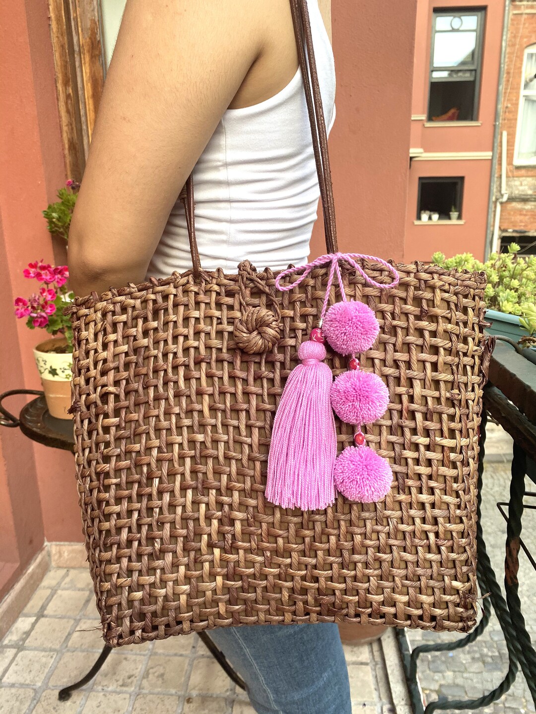 Pink Straw Bag Charm Pom Pom Bag Charm Boho Tote Charm - Etsy