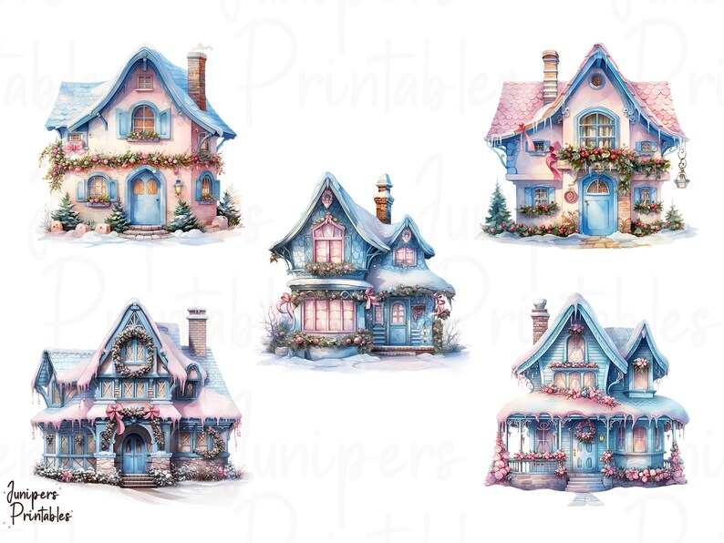 Pink and Blue Christmas Houses Clipart Bundle, 17 High Quality ...