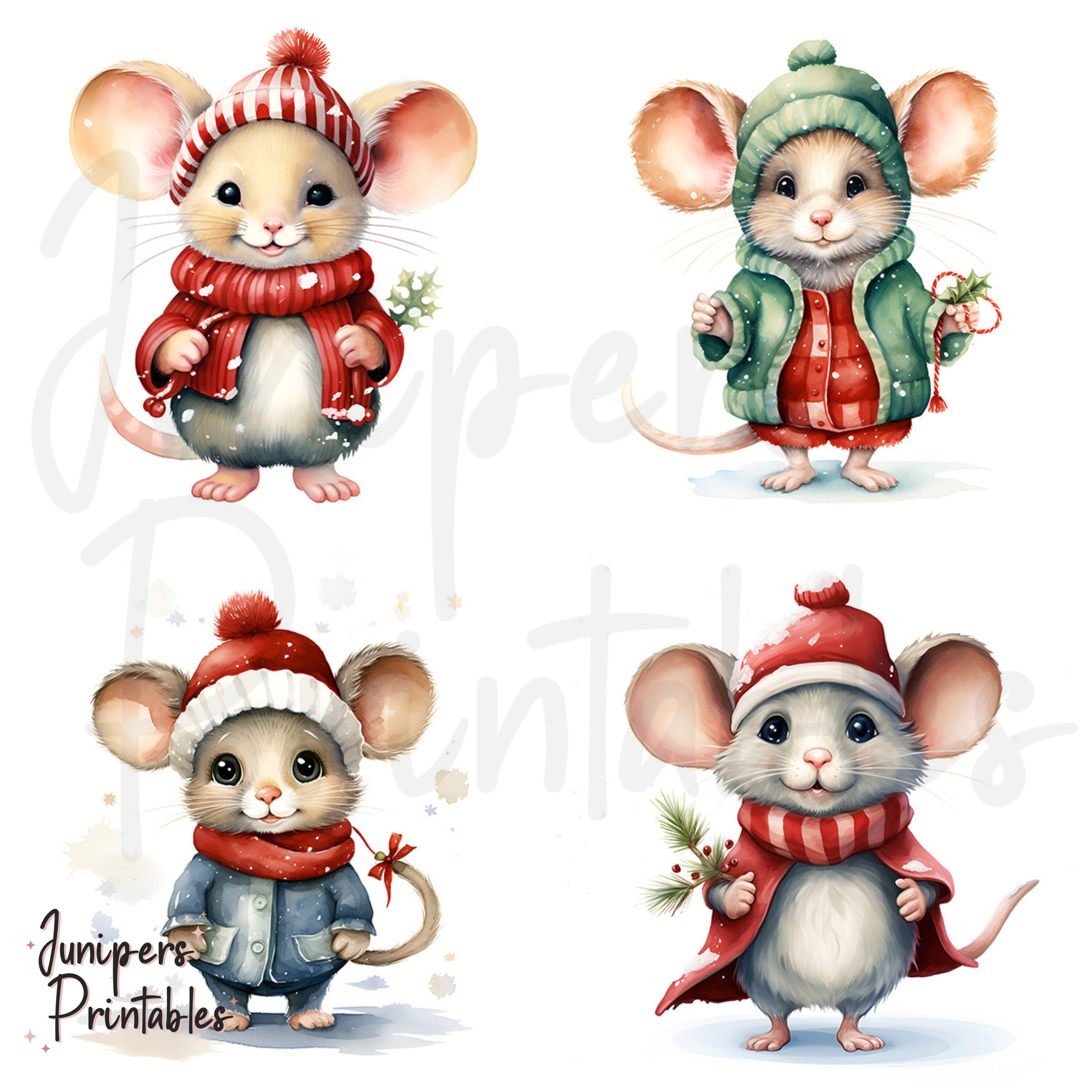 Watercolor Christmas Mice Clipart Bundle Cute Mouse Images - Etsy