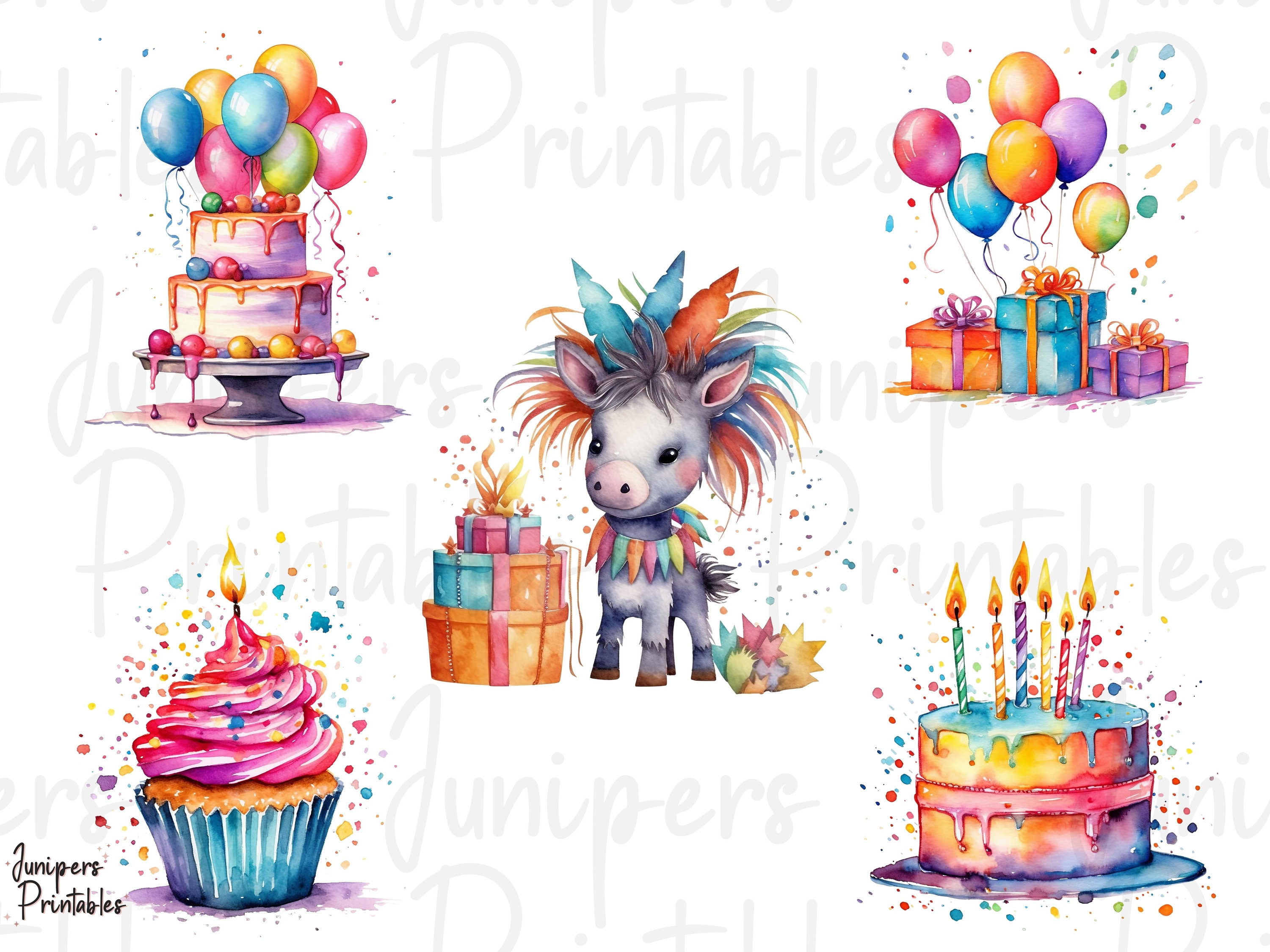 Rainbow Birthday Party Clipart Bundle, 25 High Quality Transparent PNG ...