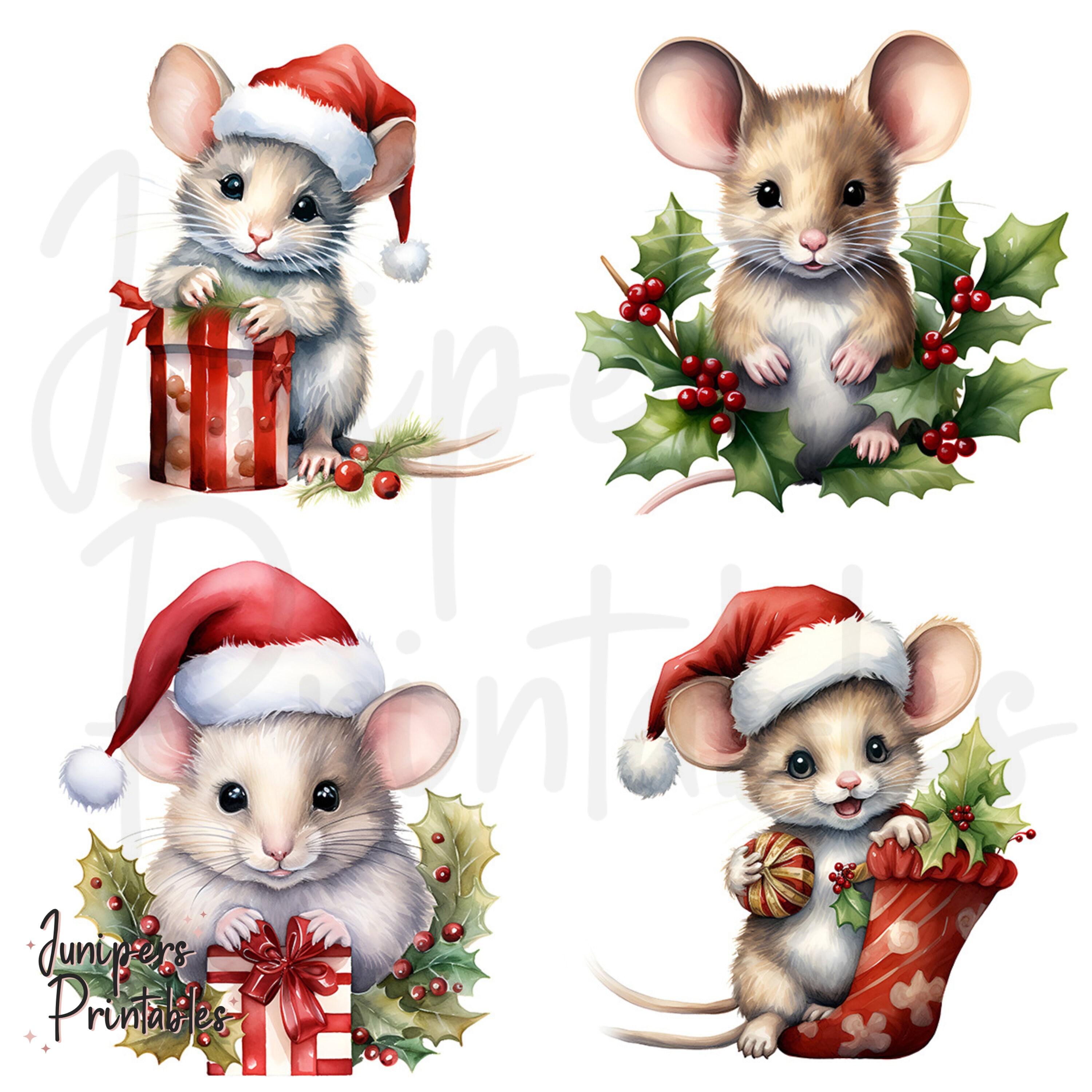 Watercolor Christmas Mice Clipart Bundle Cute Mouse Images - Etsy