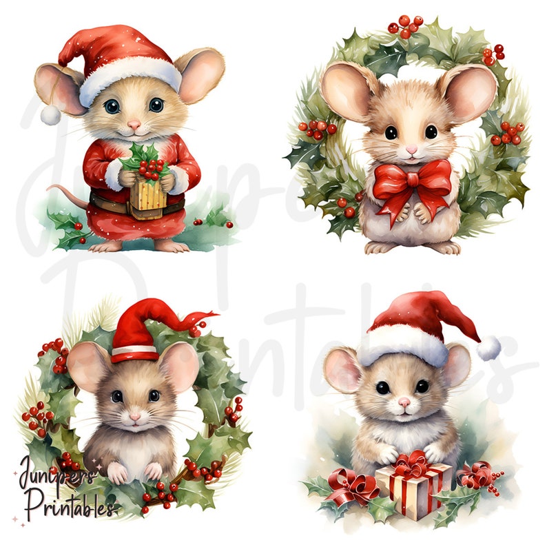 Watercolor Christmas Mice Clipart Bundle Cute Mouse Images - Etsy