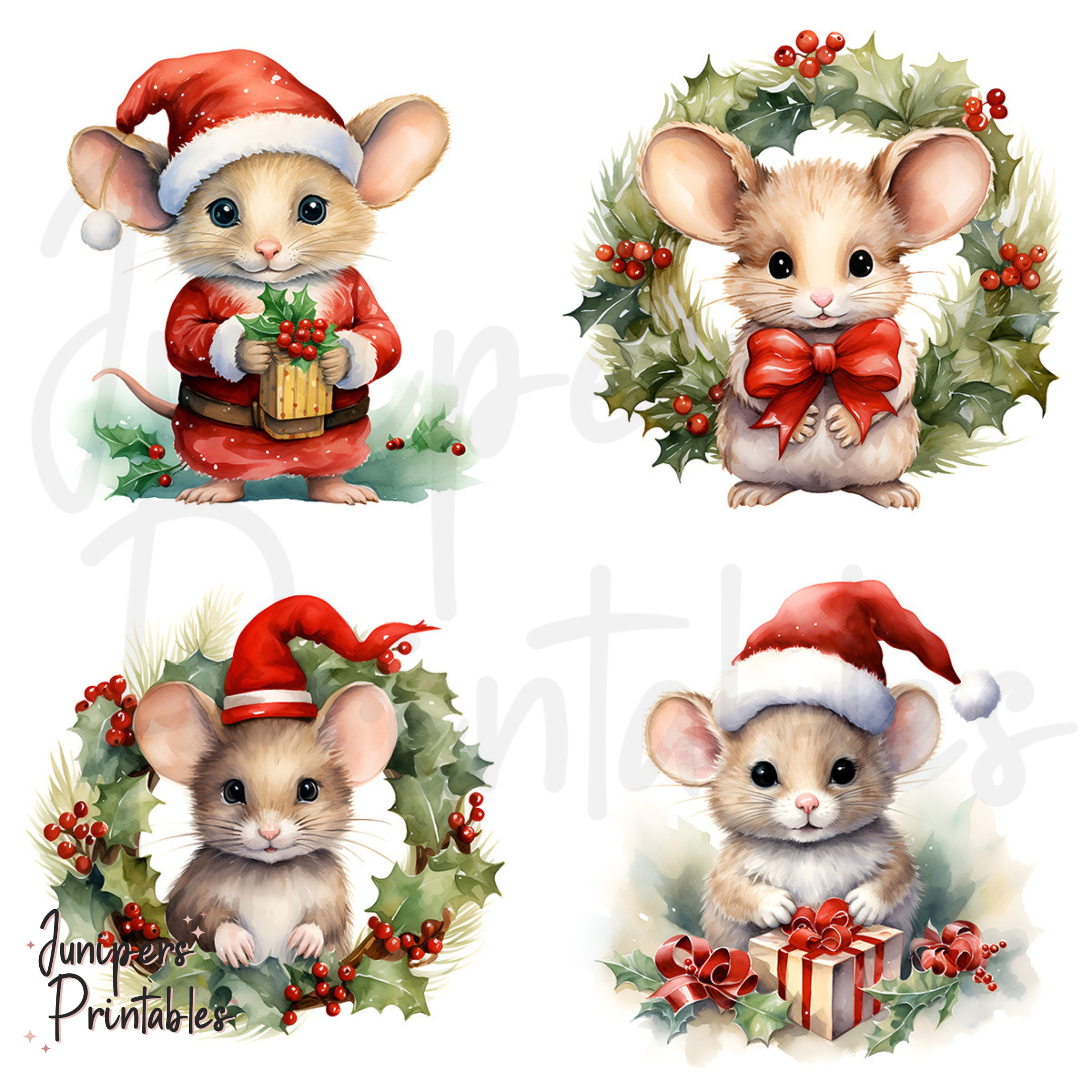 Watercolor Christmas Mice Clipart Bundle Cute Mouse Images - Etsy