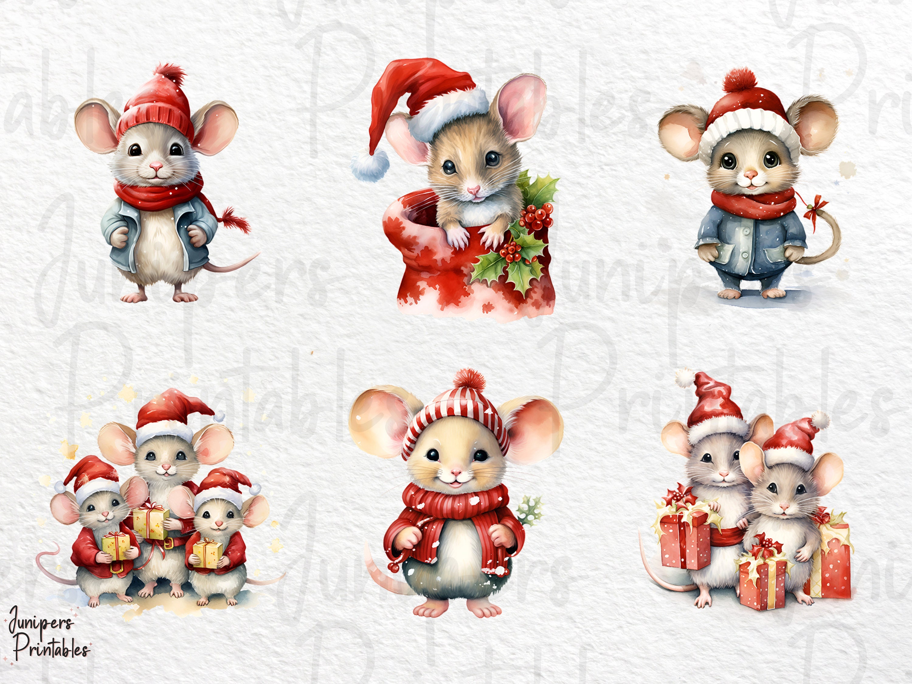 Watercolor Christmas Mice Clipart Bundle 20 High Quality PNG, Cute ...